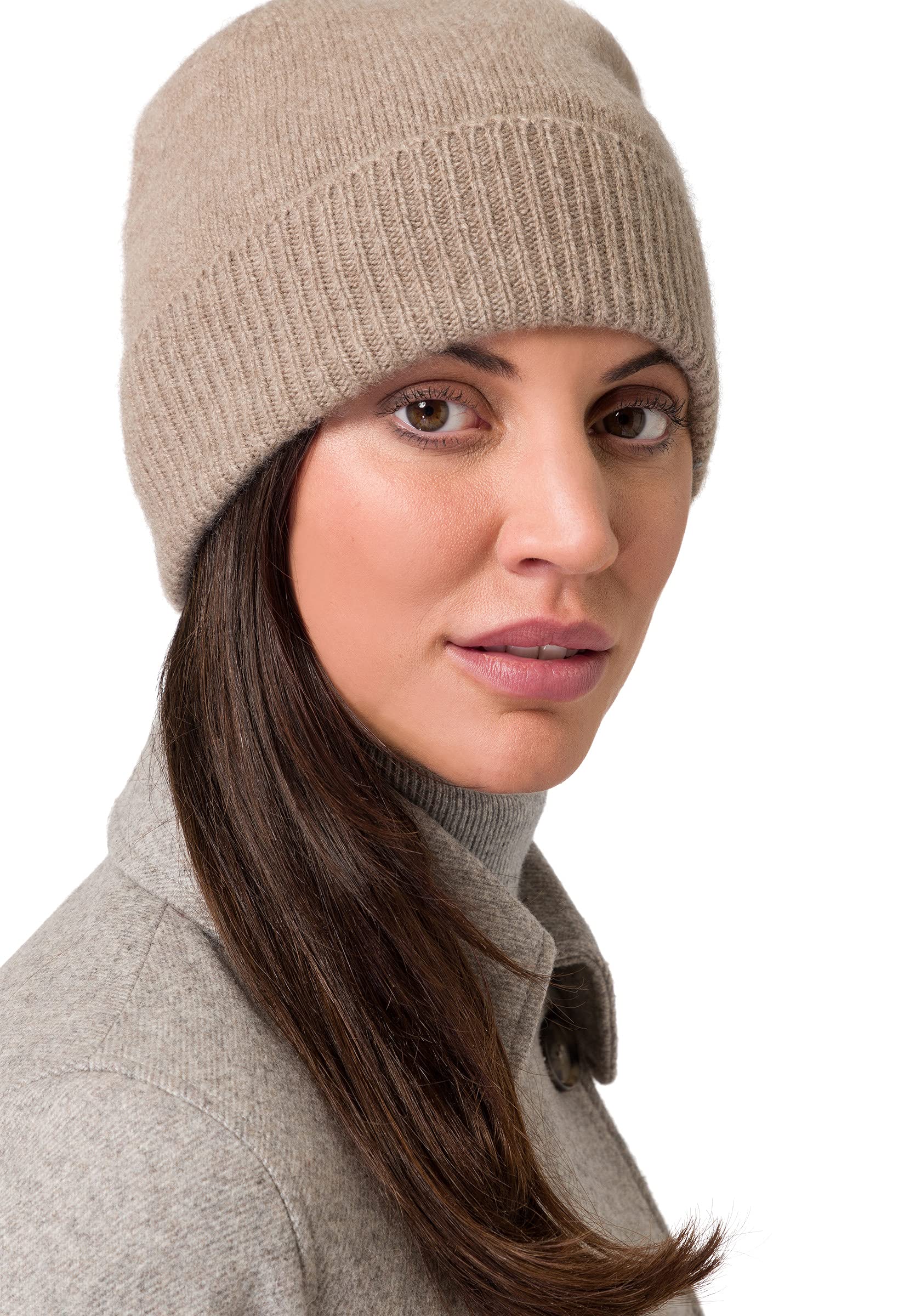 Style Republic Womenâs Ribbed Cuff Beanie, 100% Cashmere, Soft & Stretchy with Ribbed Edge, Warm Hat for Winter (Nougat)