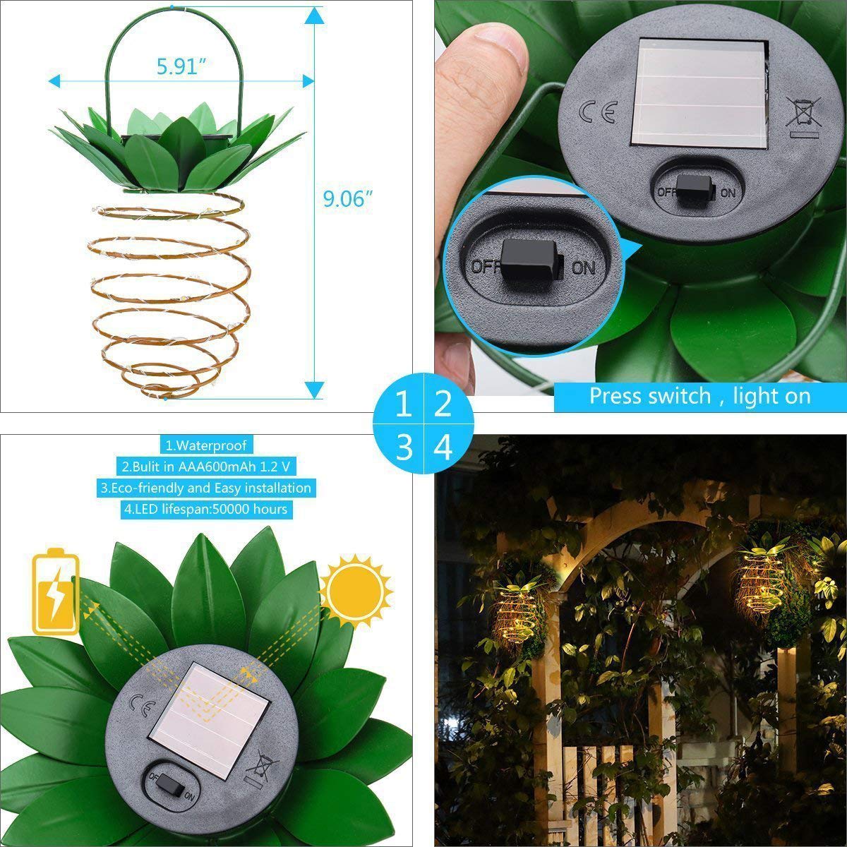 MUEQU 2Pcs Garden Solar Lights, Waterproof LED Solar Hanging Lantern Pineapple Fairy String Light,Solar Patio Lights Night Light for Yard Outdoor Home Decoration Light (Warm White)