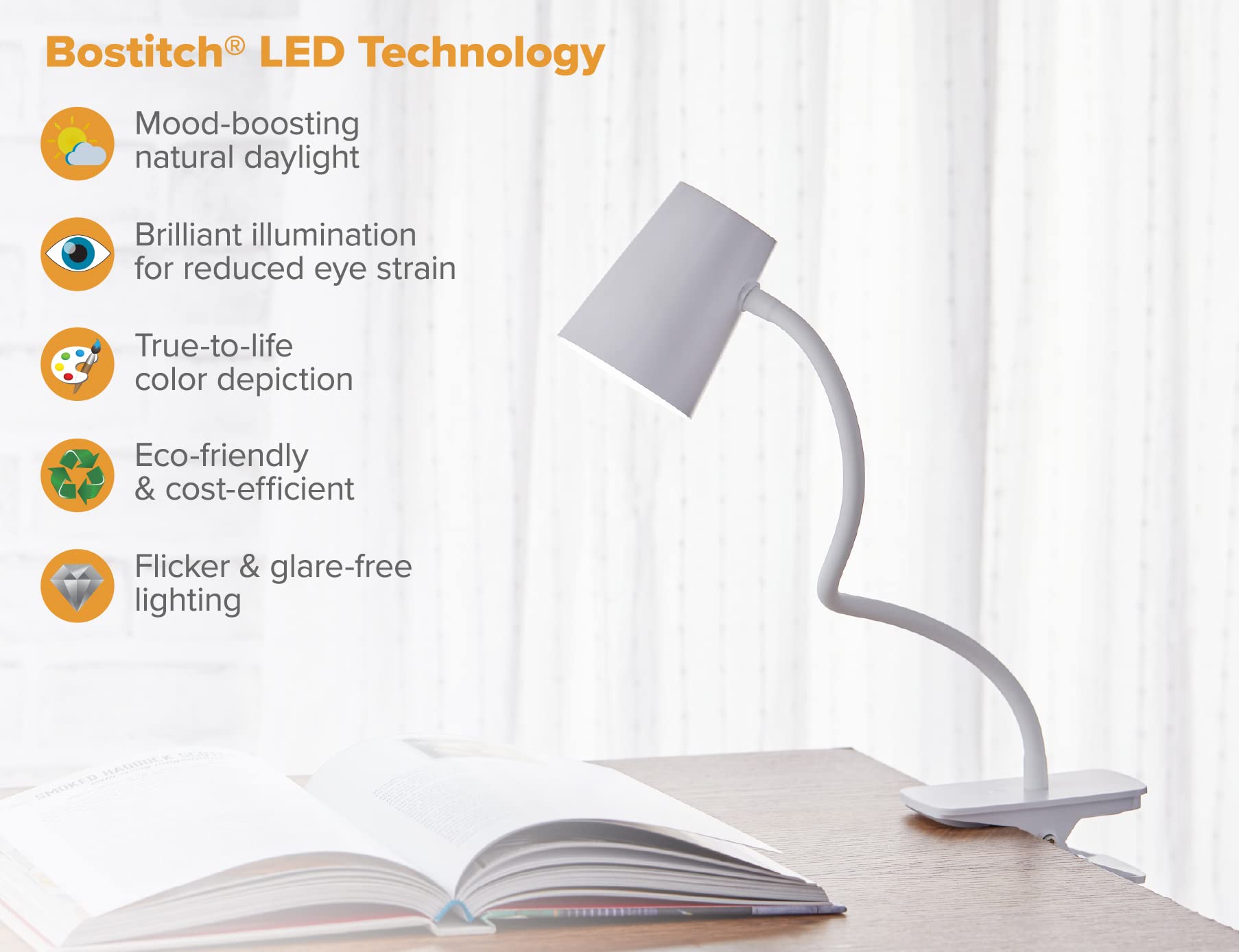 Bostitch Office Adjustable LED Clamp Light, Compact Design, Flexible Neck, Flicker Free, Suction Cups for Stable Installation, White (LED2103)