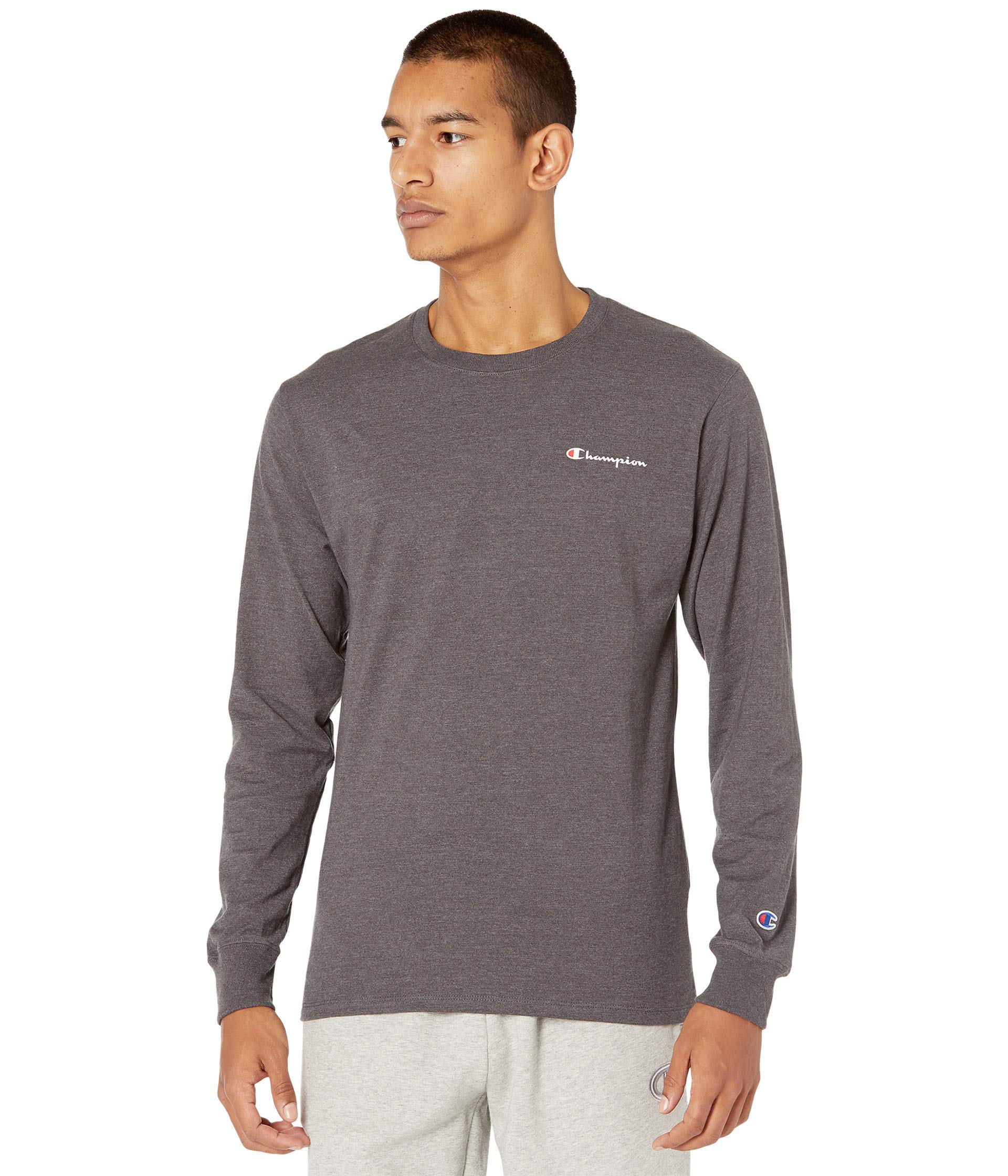 Champion Men's Classic Long Sleeve Tee, Granite Heather Small Script, Medium