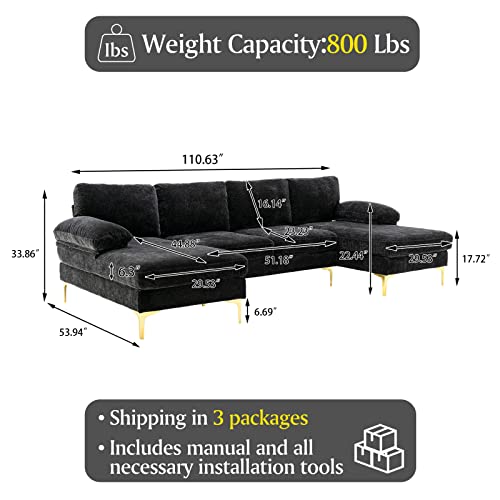 Homtique U Shaped Sectional Couch,Modern Large Modular Sectional Sofa for Living Room,Chenille Fabric Oversized Couch with Chaise Lounge and Golden Legs (Black)