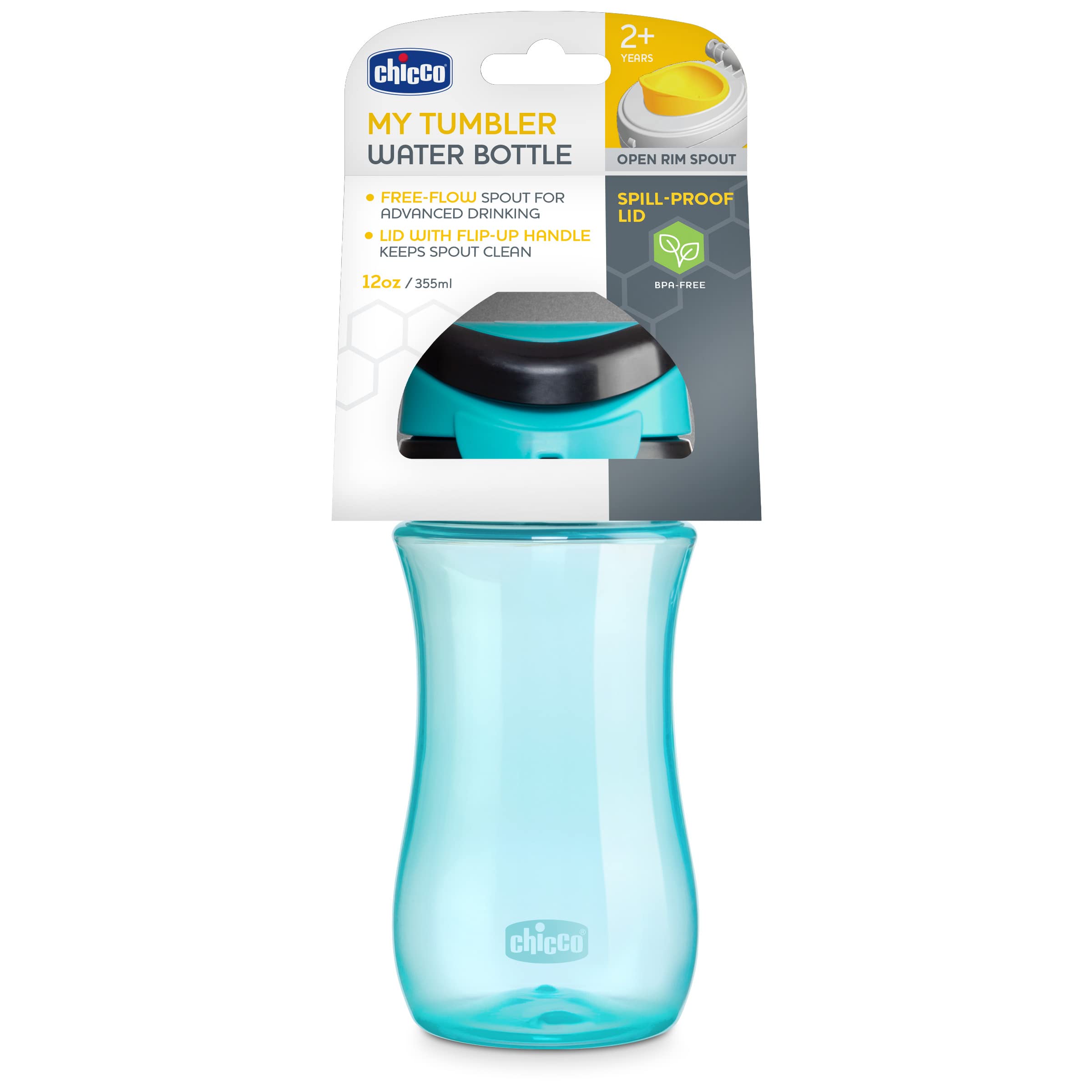 Chicco 12oz. My Tumbler Open Rim Water Bottle with Free-Flow Spout | Spill Proof when Lid is Closed | Flip-Up Carry Handle | Top-Rack Dishwasher Safe | Easy to Hold Toddler Cup | Teal | 2+ Years