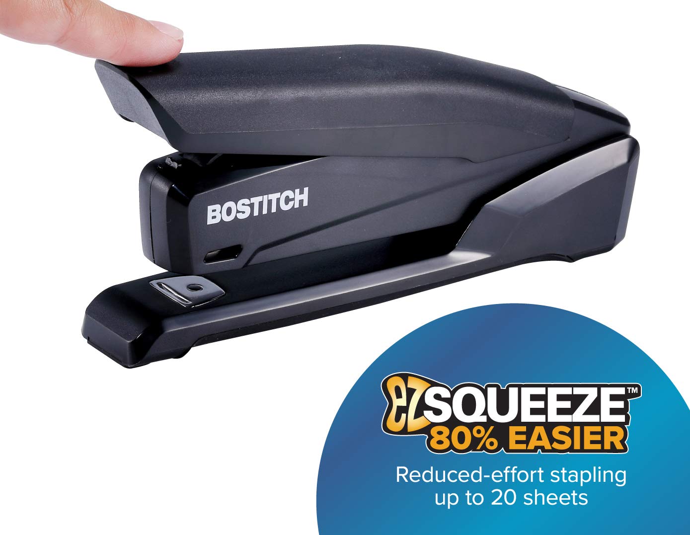 Bostitch Office Executive 3 in 1 Stapler, includes 210 Staples and Integrated Staple Remover, One Finger Stapling, No Effort, 20 Sheet Capacity, Spring Powered Stapler, Black (INP20-BLK)