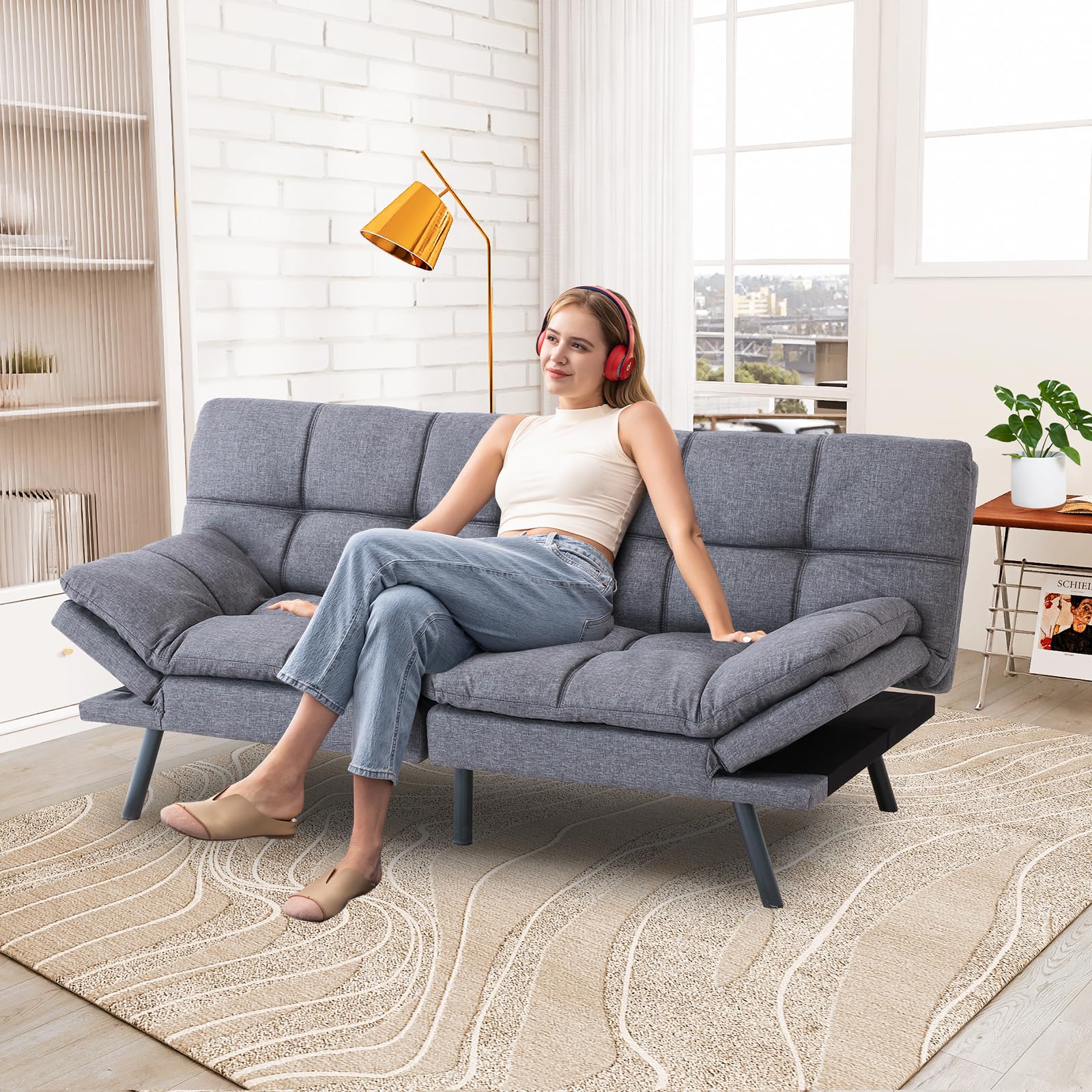 Hcore Convertible Futon Sofa Couch Bed,Futon Couch Bed,Memory Foam Futon Sleeper Sofa,Loveseat Sofa Bed,Small Splitback Polyester Modern Sofa for Living Room,Office,Apartment,Grey