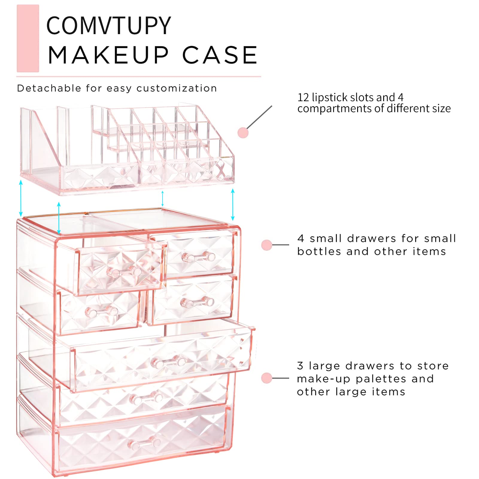 COMVTUPY Clear Makeup Organizer with Brush Holder, Large Acrylic Cosmetic Display Jewelry & Make Up Organizers and Storage for Vanity, Bathroom (3 Large, 4 Small Drawers, Diamond Pink)