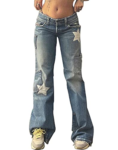 ETATNG Womens Star Print High Waist Baggy Cargo Jeans with Slant Pocket Vintage Y2K Straight Leg Distressed Denim Blue L