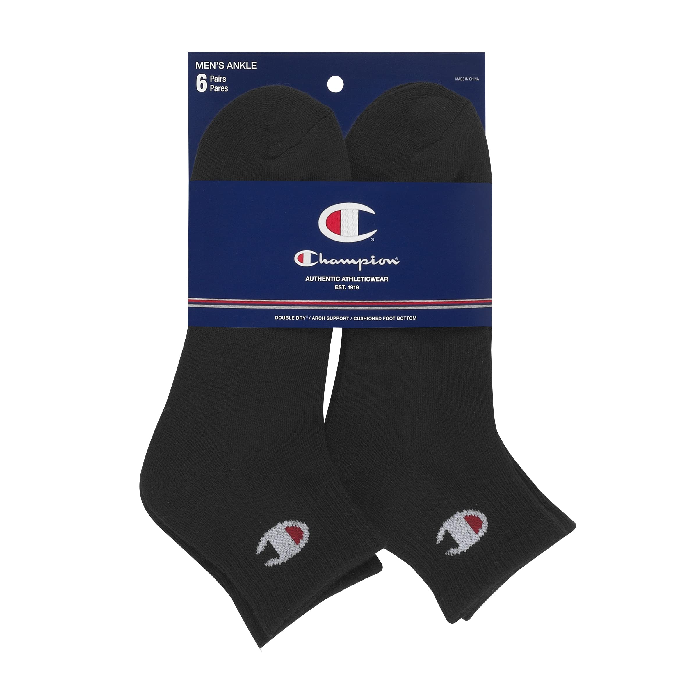 Champion Men's Double Dry Moisture Wicking Ankle Socks 6, 8, 12 Packs Availabe, Black-6 Pack, 12-14