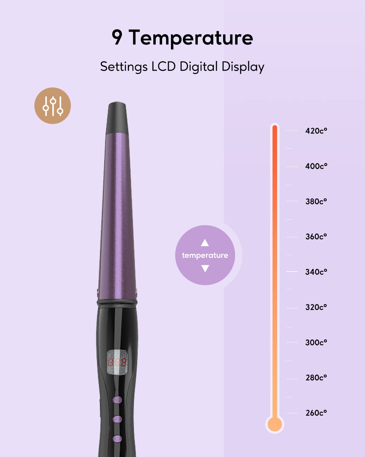 Conical Curling Wand 3/4-1 1/4" Clamp-Free Ceramic Curling Iron, Digital Controls with 9 Heat Settings, Black/Purple