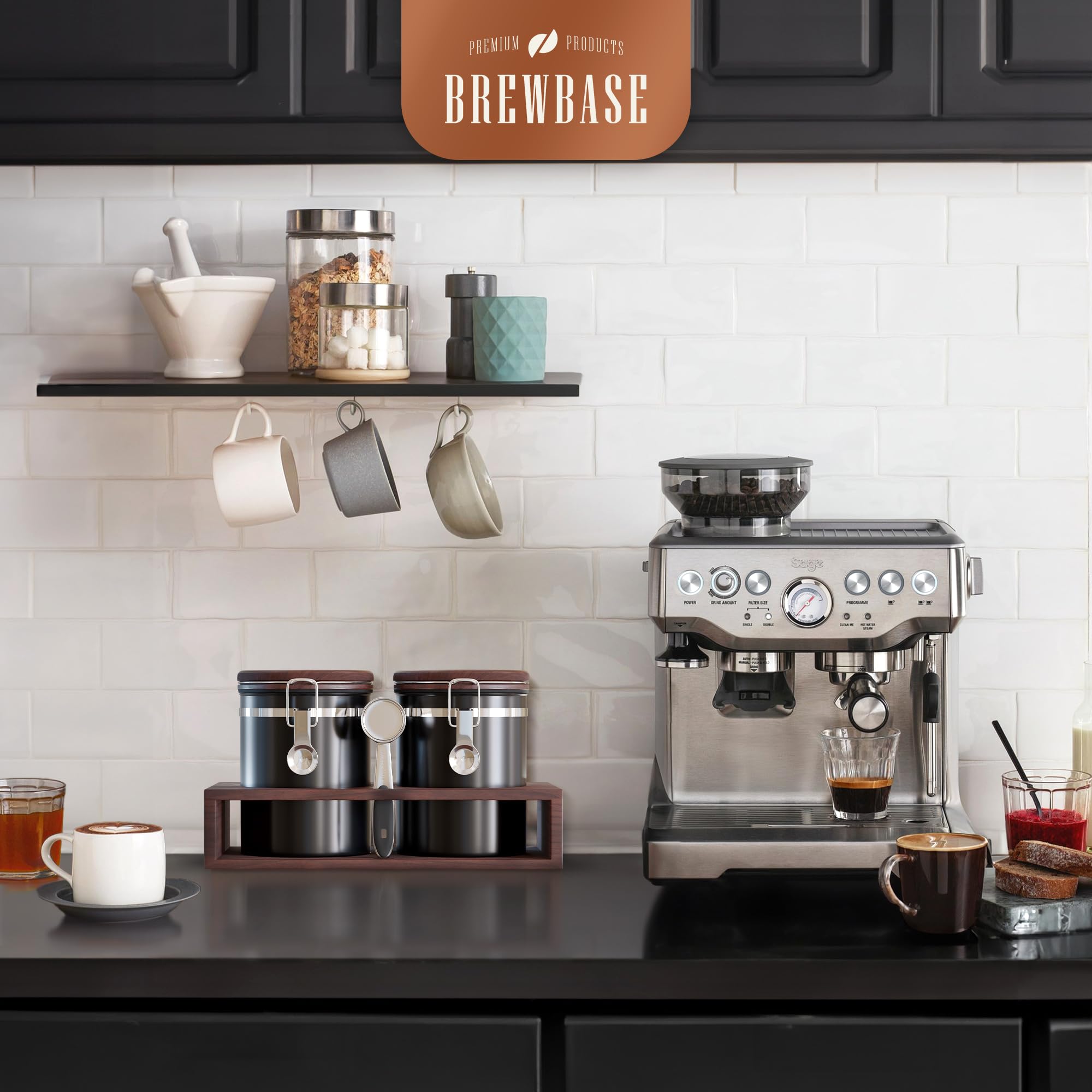 BrewBase - Premium Coffee Storage Containers with Airtight Oak-Wood Lids & Shelf + Scoop, 304 Stainless Coffee Bean Storage Organizer for Kitchen - Coffee Container for Ground Coffee Sugar & More
