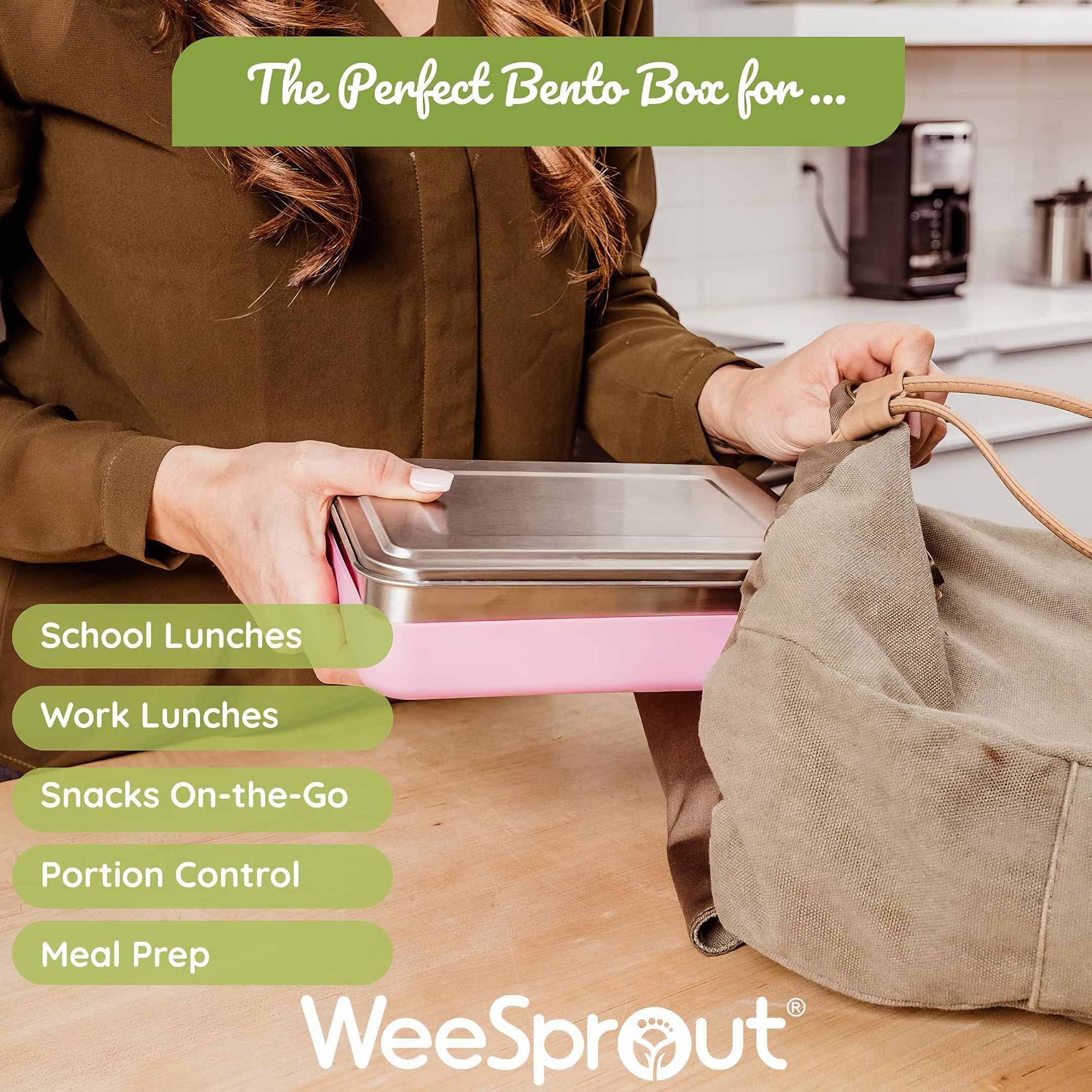 WeeSprout 18/8 Stainless Steel Bento Box (Large) - 3 Compartment Metal Lunch Box, Skid-proof Silicone, for Kids & Adults, Bonus Dip Container, Fits in Lunch & Work Bags, Dishwasher & Freezer Friendly