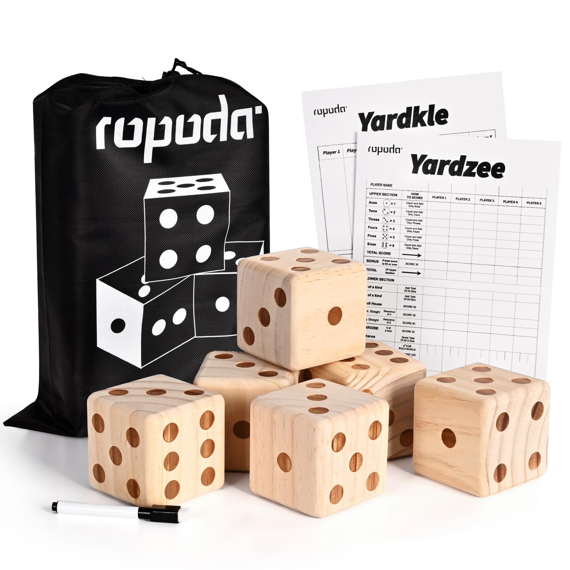 ropoda Giant Wooden Yard Dice,Outdoor Game Giant Dice Set Yard Game 3.5"-Includes 6 Dice, Scoreboard and Canvas Carrying Bag-Great Backyard and Lawn Game
