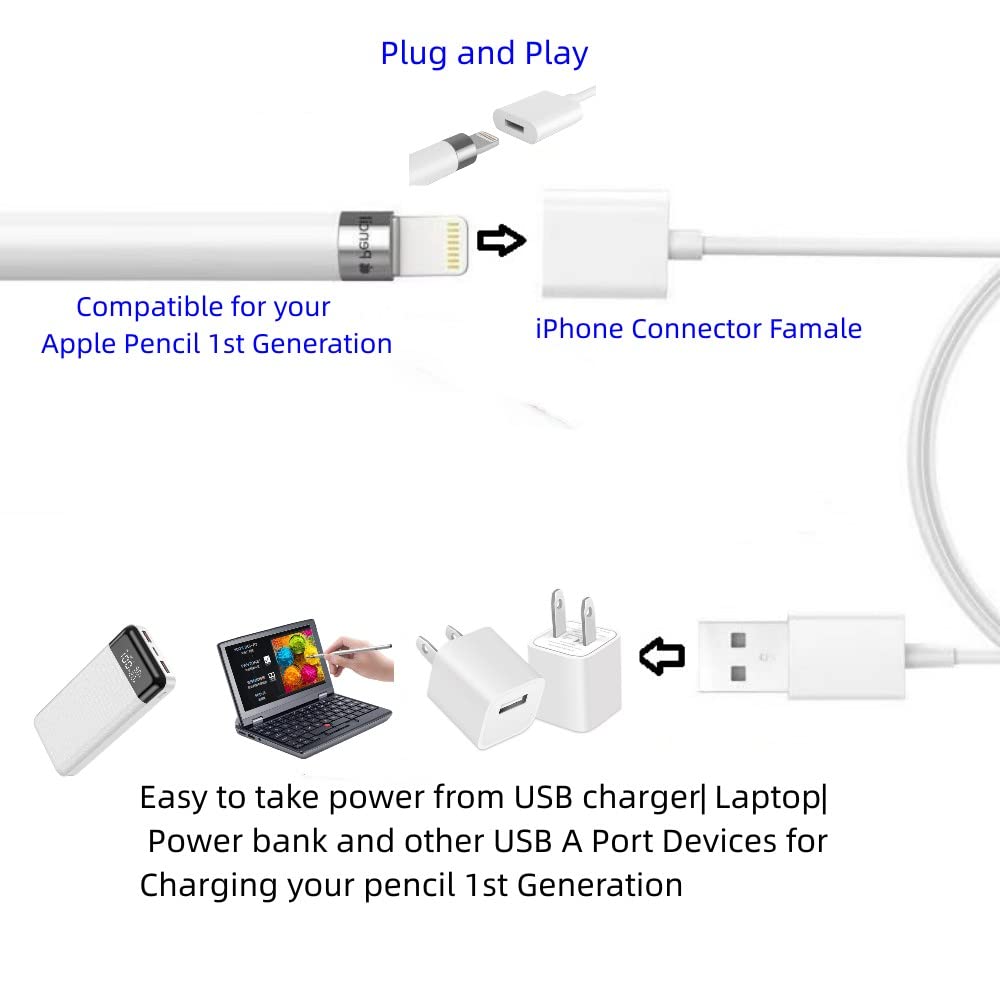 Design for Apple Pencil Charger,Apple Pencil Adapter 1FT, iPencil Pen First Gen Charging Cable Compatible with Apple Pencil 1st Generation,USB A Male to Lightning Female (Off White)