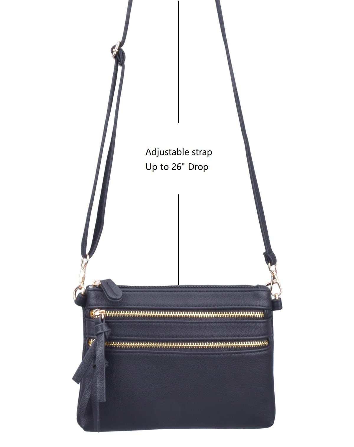 JIARUO Women Mini Multi Zipper Pocket Lightweight PU Leather Sling Crossbody Bag Purses Handbag (black)