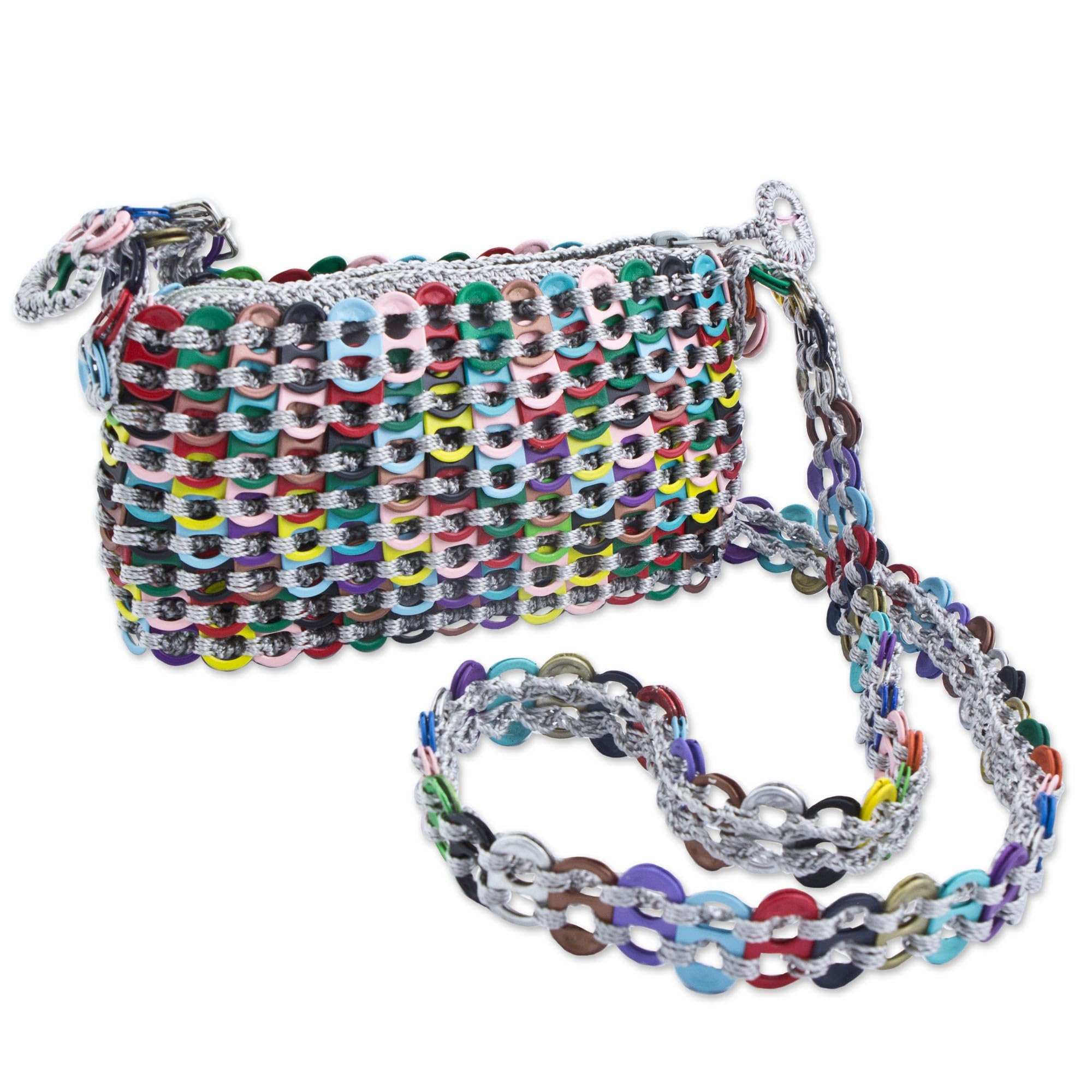 NOVICA Artisan Handmade Recycled Poptop Shoulder Bag Artisan Crafted Multi Color with Soda Metallic Multicolor Brazil Purse 'Mini Rainbow Light'