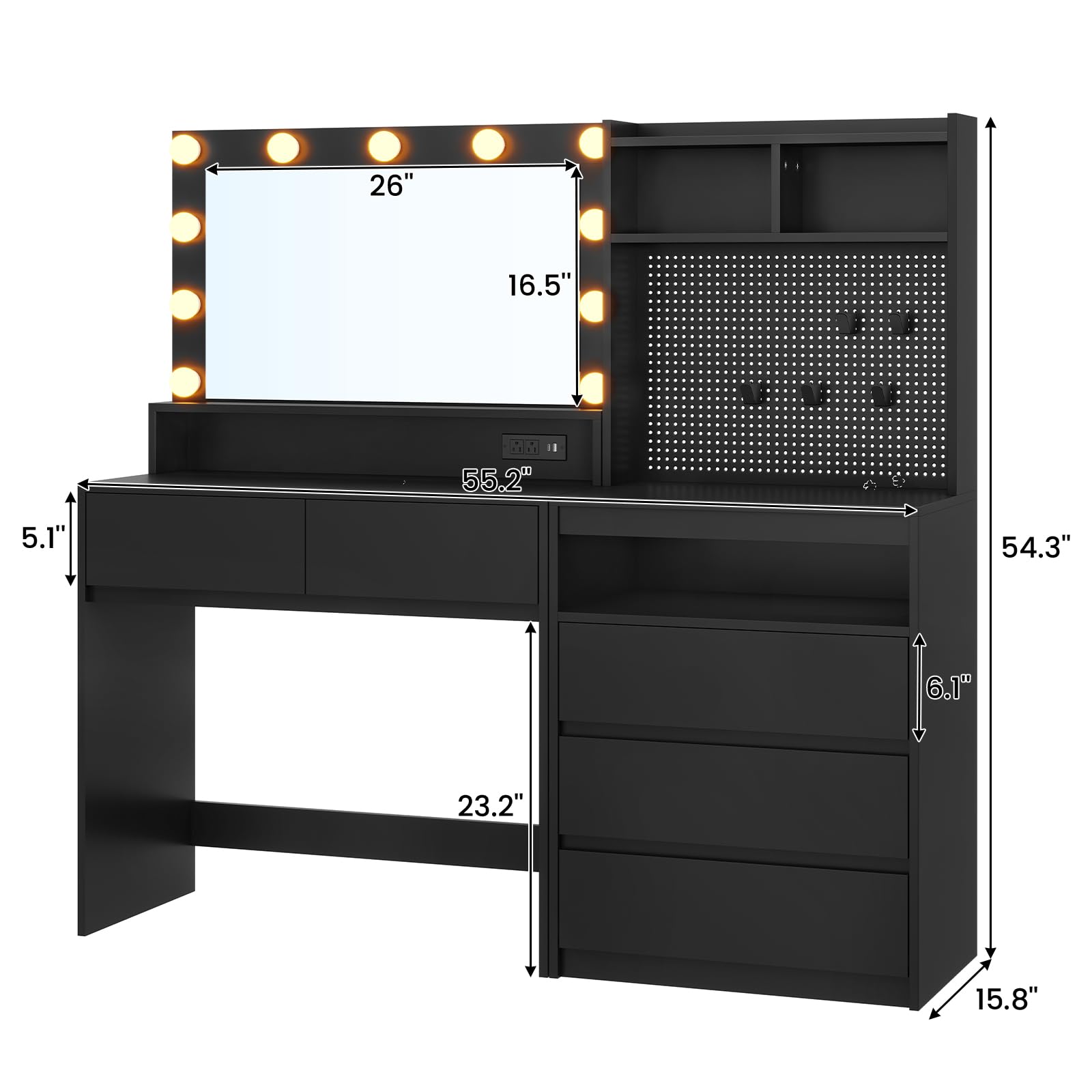 BTHFST Large Vanity Desk with Mirror and Lights & Charging Station, Makeup Vanity with Hollywood Mirror & DIY Pegboard, 5 Hooks, Makeup Desk with 5 Large Drawers & Shelves, White