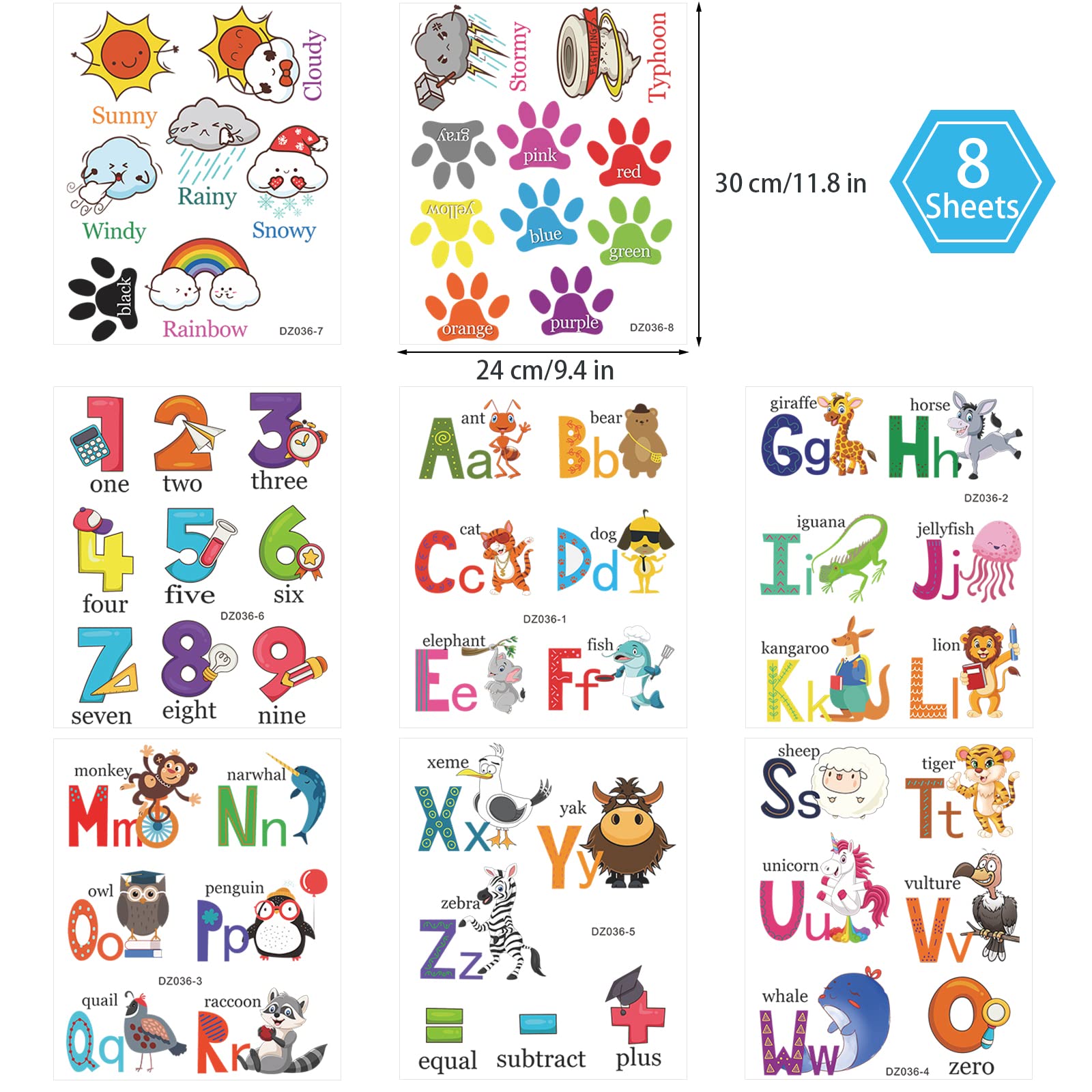 Conzon 8 Sheets Alphabet Number Weather Color Learning Educational Wall Stickers, Animal Alphabet Bulletin Board Wall Decals Set for Kids, Letters Peel and Stick Wall Decals for Classroom Bedroom