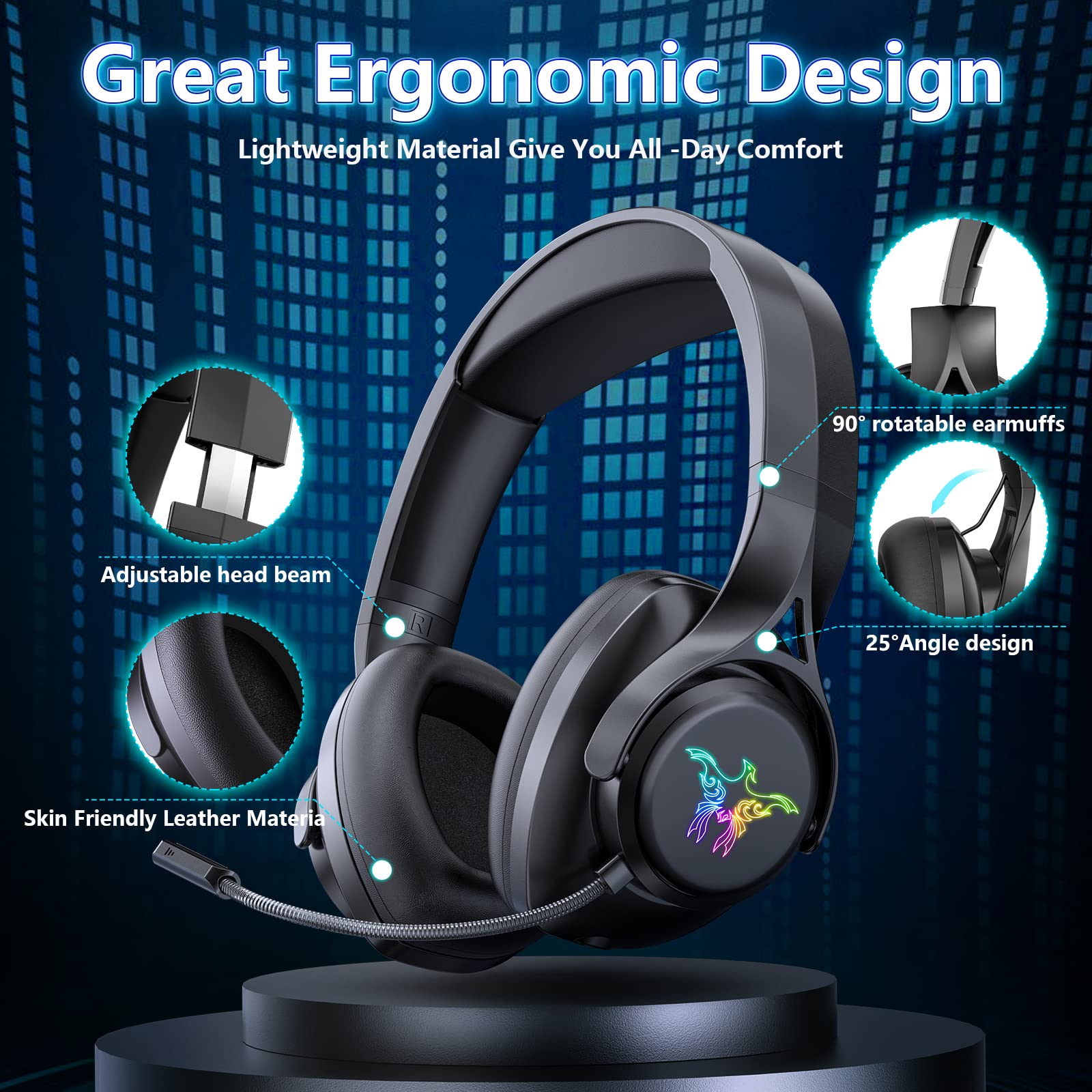 Combatwing Gaming Headset for PC with 7.1 Surround Deep Bass, 360 ° Adjustable Noise Canceling Microphone, LED Light and Memory Ear Guests, Gaming Earphone with Microphone for PS4 PS5 PC