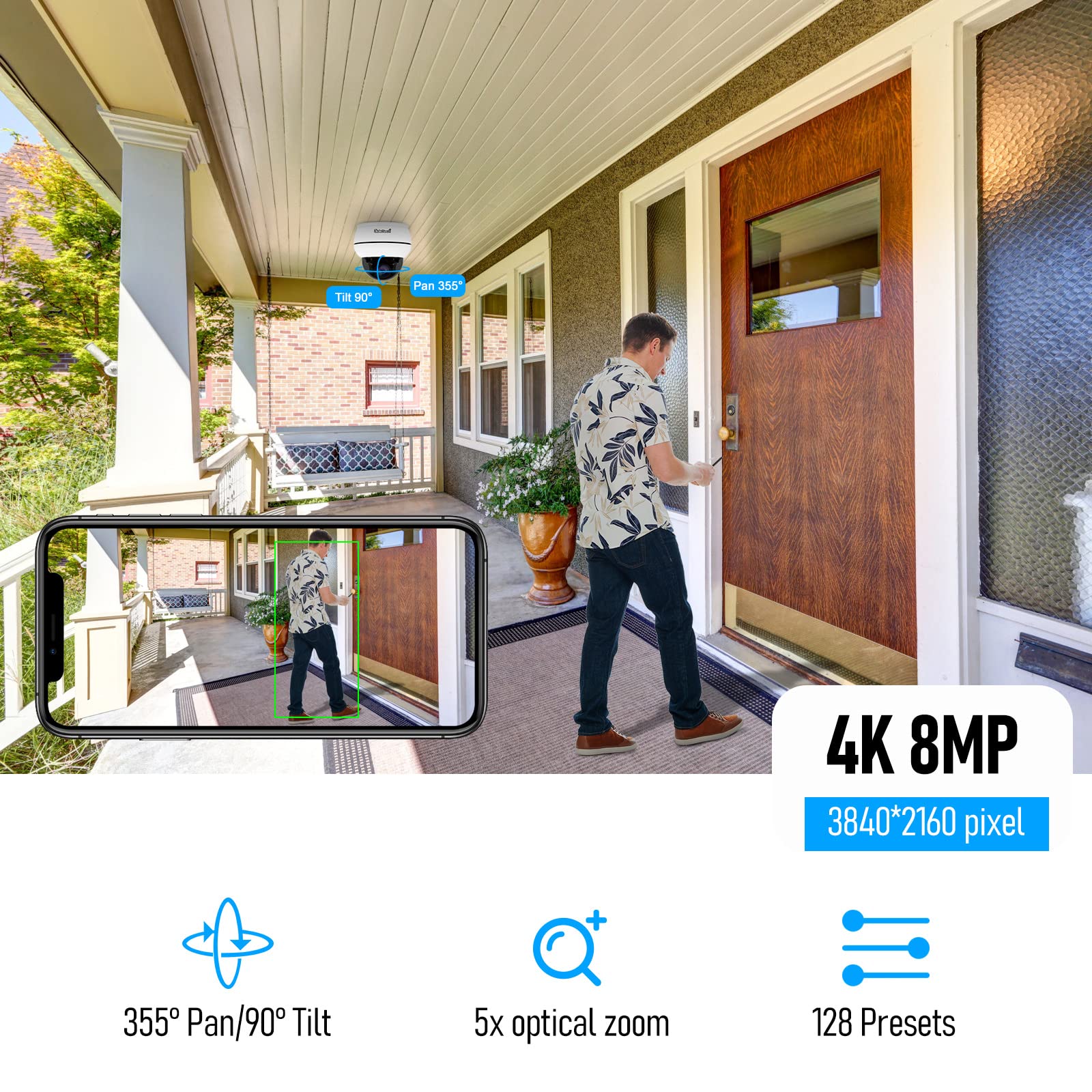 JideTech Outdoor 4K PTZ POE Camera, 8MP IP Dome Camera with 5X Optical Zoom, IR Night Vision Human/Motion Detection, Built in 2-Way Audio, Pan/Tilt, SD Card Slot