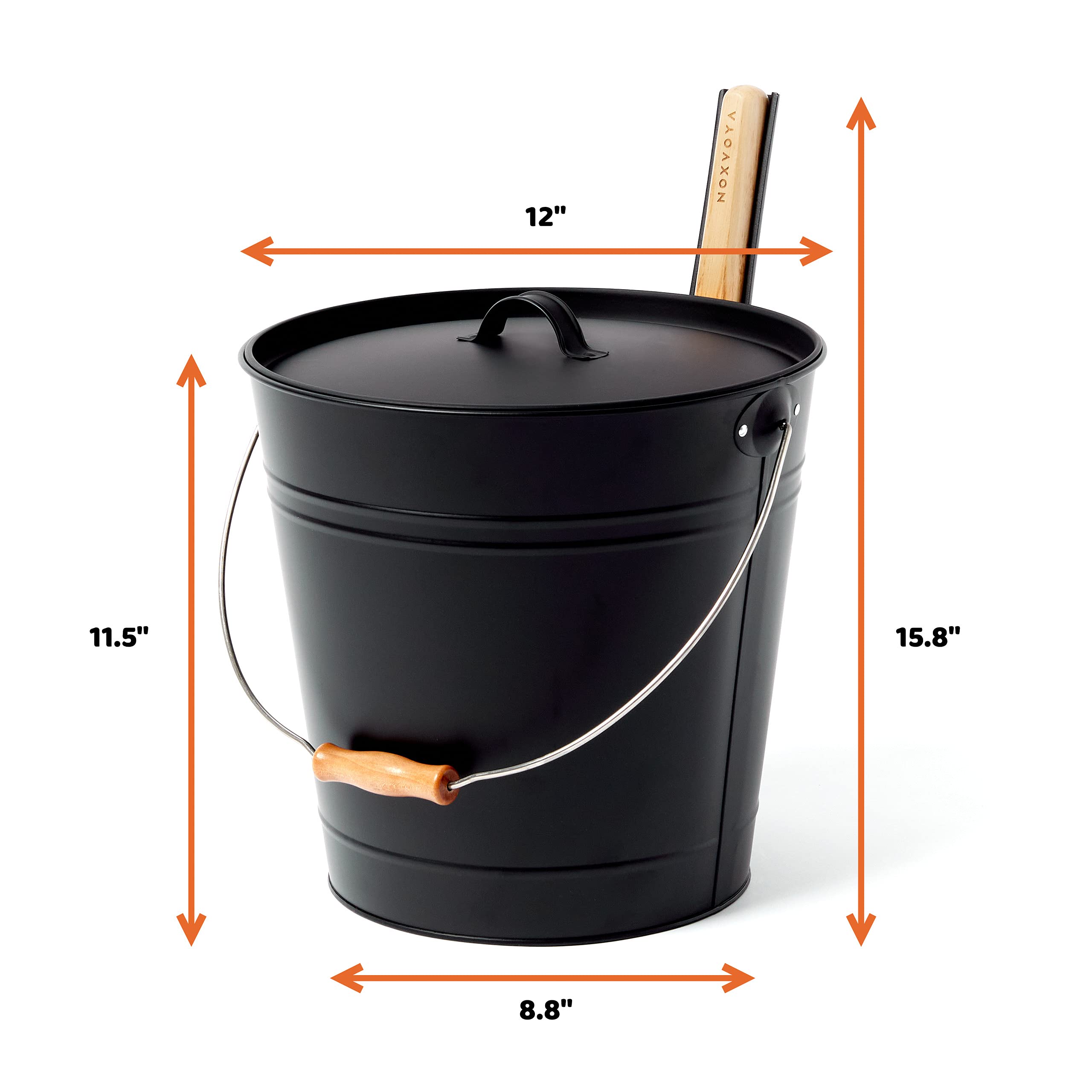 Noxvoya Metal Ash Bucket with Lid and Shovel, Brush, Black - Heavy-Duty, Modern Coal Bucket with Fireplace Scoop for Indoor Fireplaces, Outdoor Fire Pits, Grill - Premium, Compact Fireplace Tools