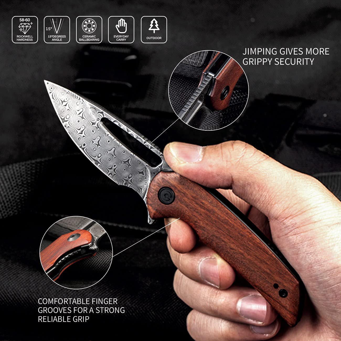 CIVIVI Odium Small Damascus Folding Knife โ2.65" Flipper Pocket knife for EDC Camping, Cuibourtia Wood Handle, Ball Bearings Pivot, Reversible Deep Carry Clip C2010DS-1