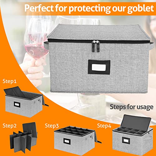 homyfort Wine Glass Storage Boxes with Dividers,China Storage Containers Stemware Chest Boxes Holds 12 Wine Glass or Crystal Glassware with Label Window and Handles,Hard Shell and Stackable (Grey)