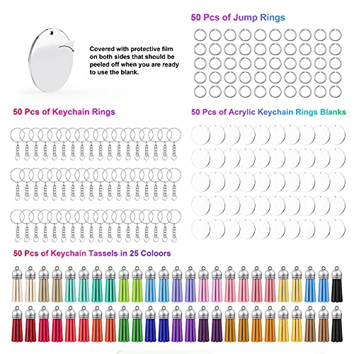 JIARON Acrylic Blank Keychains, 200Pcs Acrylic Blank Keychain kits with 50 Pcs Acrylic Keychain Blanks, 50 Pcs Keychain Tassels 50 Pcs Key Rings with Chain and 50 Pcs Jump Rings for DIY Keychain