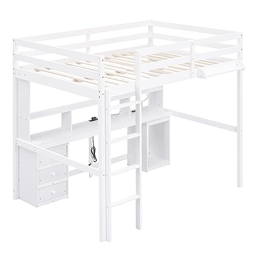 Full Loft Bed with Desk and LED Lights, Wooden Full Size Loft Bed with Storage and Charging Station, High Loft Bed Frame for Kids,Teens, Adults, No Box Spring Needed (Full, White)