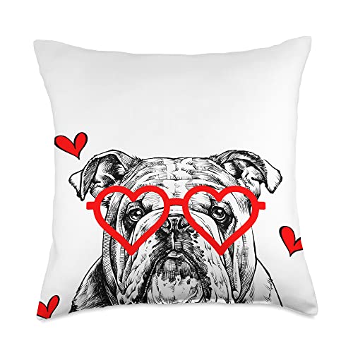 Happy Valentine's Day for English Bulldog Lover English Bulldog with Heart Glasses Valentines Day Dog Mom Throw Pillow, 18x18, Multicolor