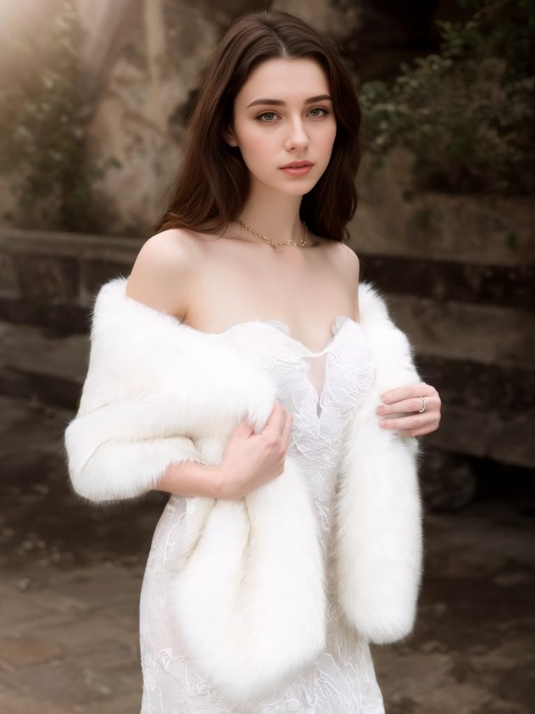 DJBM Women's Faux Fur Shawl Wraps Cloak Coat Sweater Cape for Evening Party Ivory/Brown
