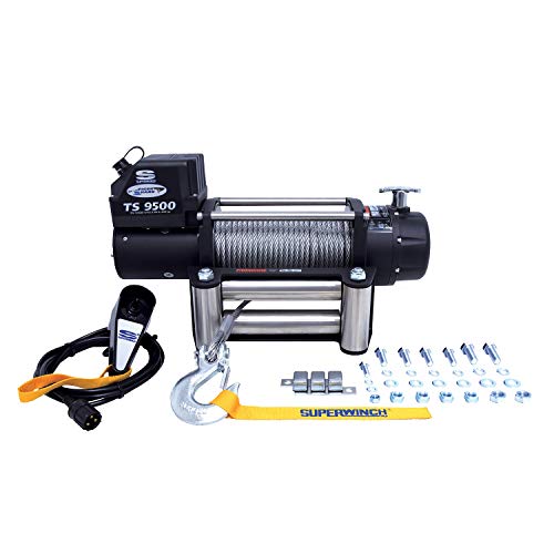 Superwinch 1595200 Tiger Shark 9500 12V DC Winch 9,500lb/4,309kg Single Line Pull with Roller Fairlead, 21/64" x 95' Steel Wire Rope, Corded Handheld Remote