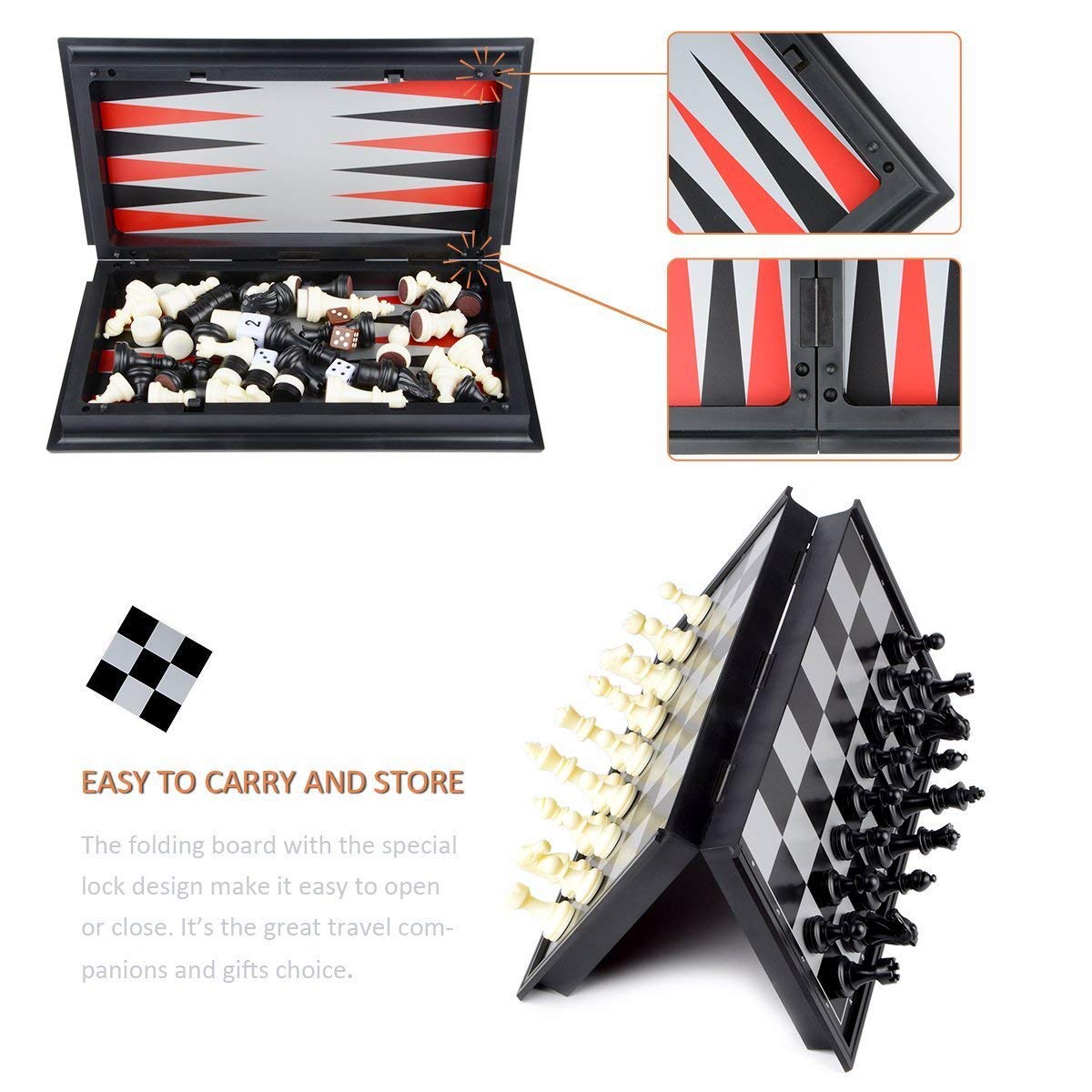 JIMIYOKI 3 in 1 Game Set -Chess Checkers Backgammon Pieces Travel Chess Set Magnetic Foldable Chess Set Portable Board Game for Tour for Kids and Adults