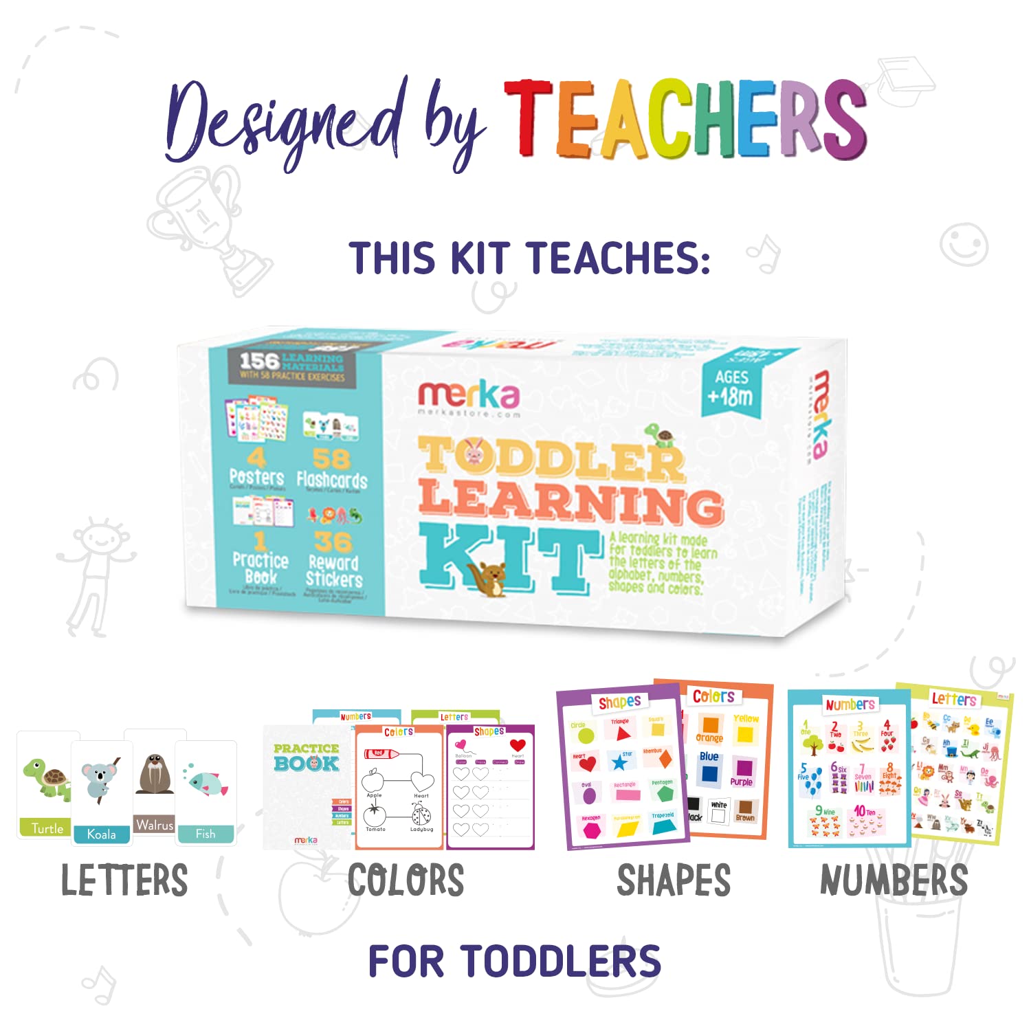 merka Toddler Flash Cards ABC Flash Cards Toddler Learning Flash Cards Preschool Homeschool Curriculum Kit Practice Book Sticker Set and Posters Learning Letters Numbers Shapes and Colors