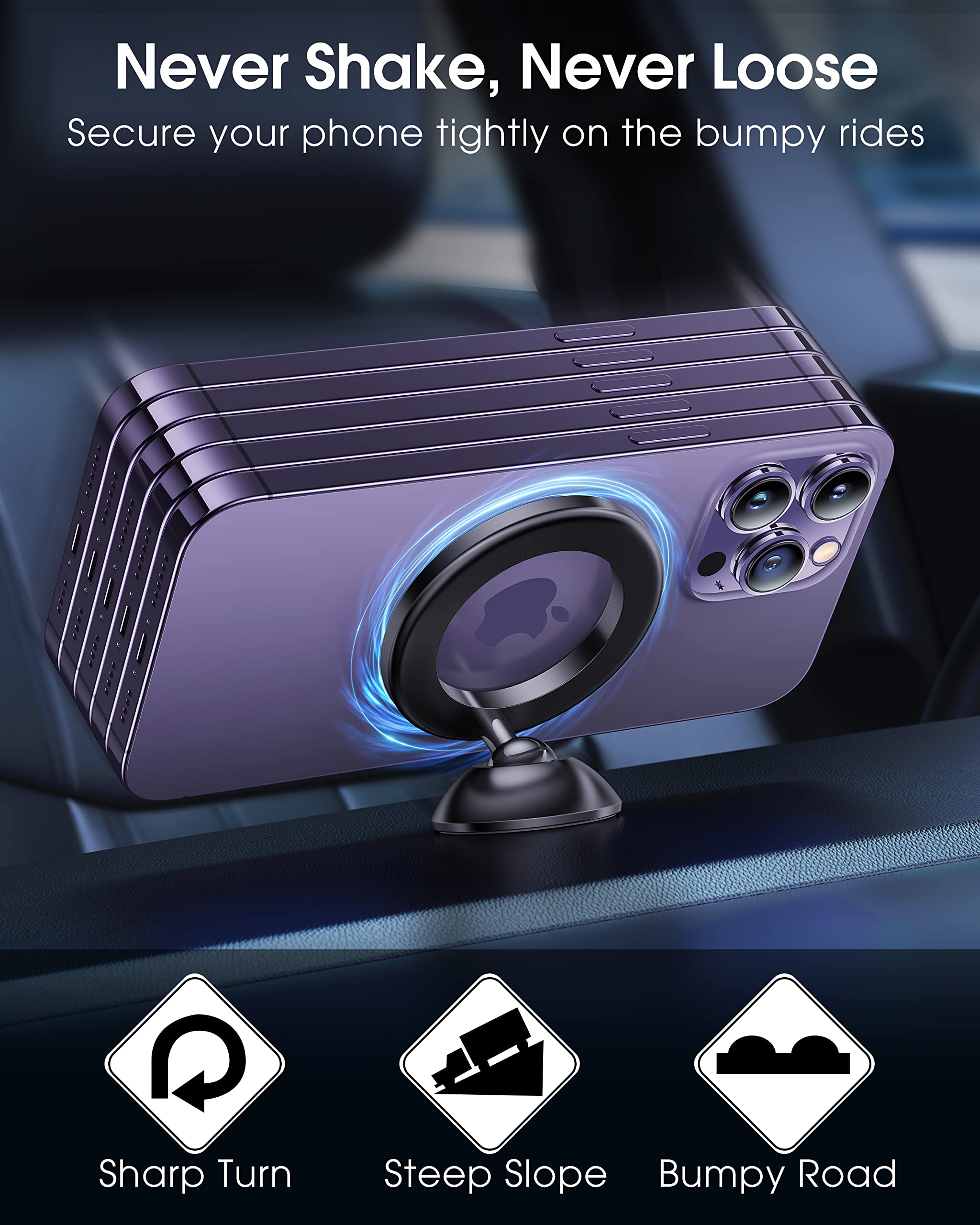 CASEKOO Car Phone Holder, Innovative Magkoo Magnetic Car Mount Smaller Simpler and More Convenient, Compatible with Magsafe 360° Rotatable Fits All Phones & Cases