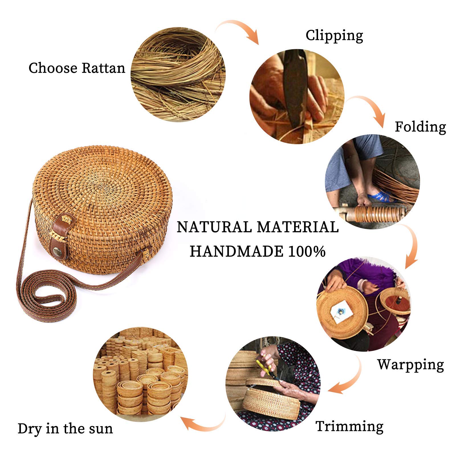Round Rattan Bag for Women Straw Bag Handwoven Beach Bohemian Shoulder Purse by Enmain