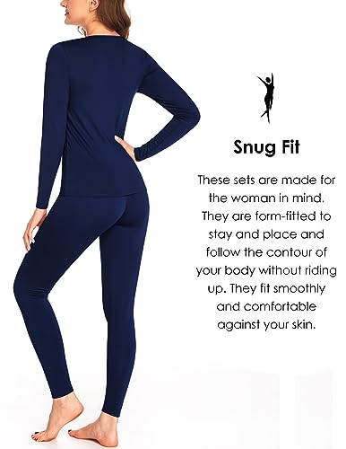 Ekouaer Thermal Underwear for Women Fleece Lined 2 PCS Long Johns Slim fit Top & Bottom Base Layer Navy Blue M