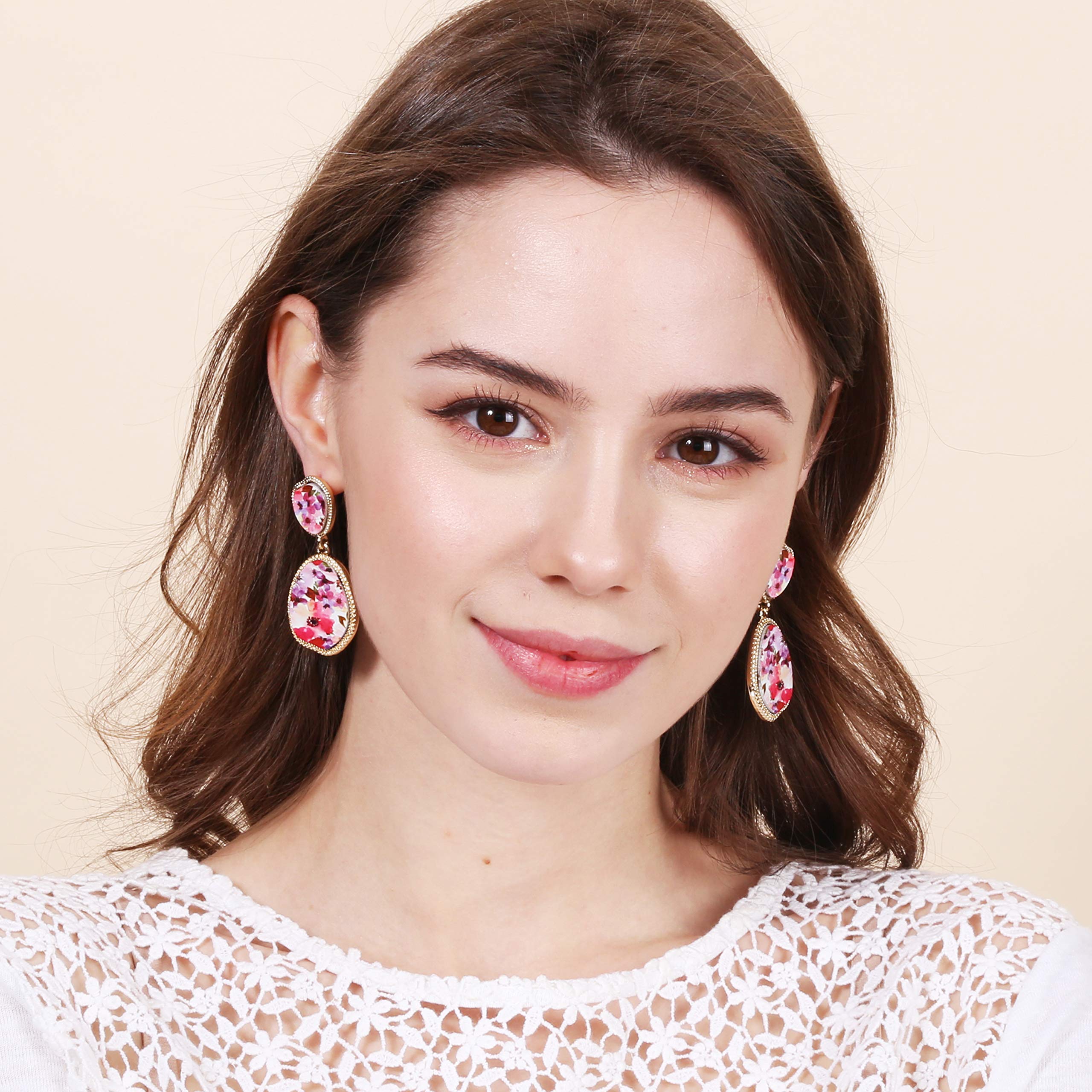 BONALUNA Bohemian Wood And Marble Effect Oval Shaped Drop Statement Earrings (TURQUOISE)