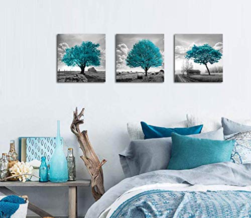 Canvas Wall Art for Bedroom Black and White Farmhouse Rustic Country Landscape Teal Trees Picture Wall Decor Modern Framed Artwork 3 Pieces