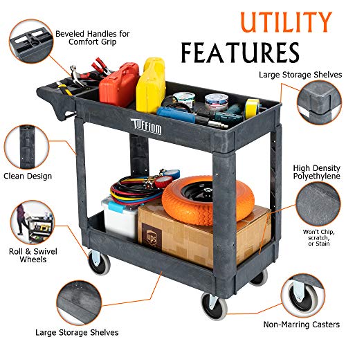 TUFFIOM Plastic Service Utility Cart with Wheels,550lbs Capacity,Heavy Duty Tub Storage Cart W/Deep Shelves, Multipurpose Rolling 2-Tier Mobile Storage Organizer, for Warehouse Garage Industrial Cart