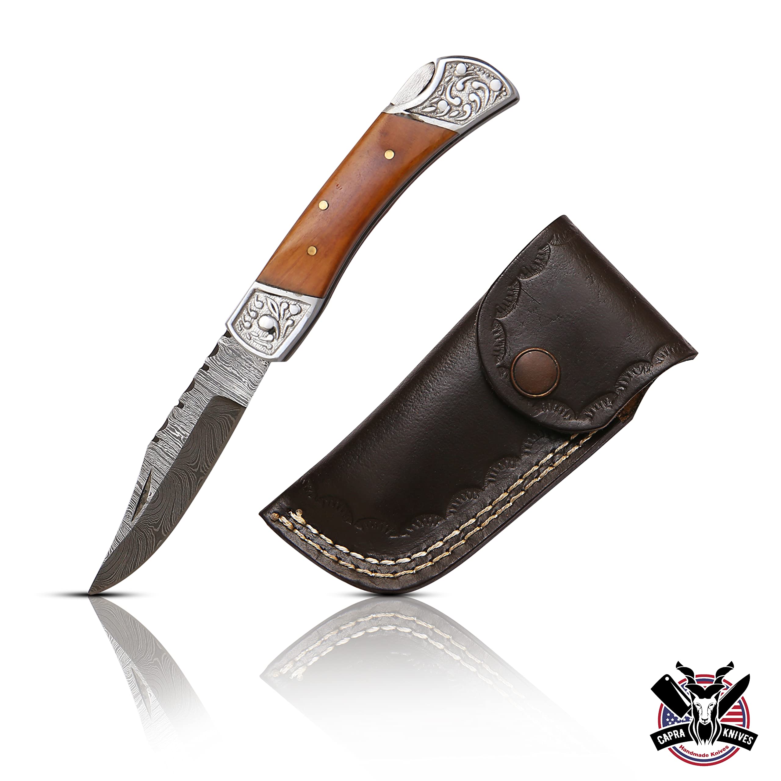 Capra Knives CK-52 Handcrafted Folding Engraved Brass Pocket Knife 4” Folded, 7.25” Long Overall, 4.5oz Olive Wood Handle, Damascus Blade with Leather Sheath