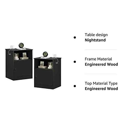 EPHEX Set of 2 End Table with USB Ports & Power Outlets, Black Nightstand with Charging Station, Side Table with Storage Cabinet for Home Office
