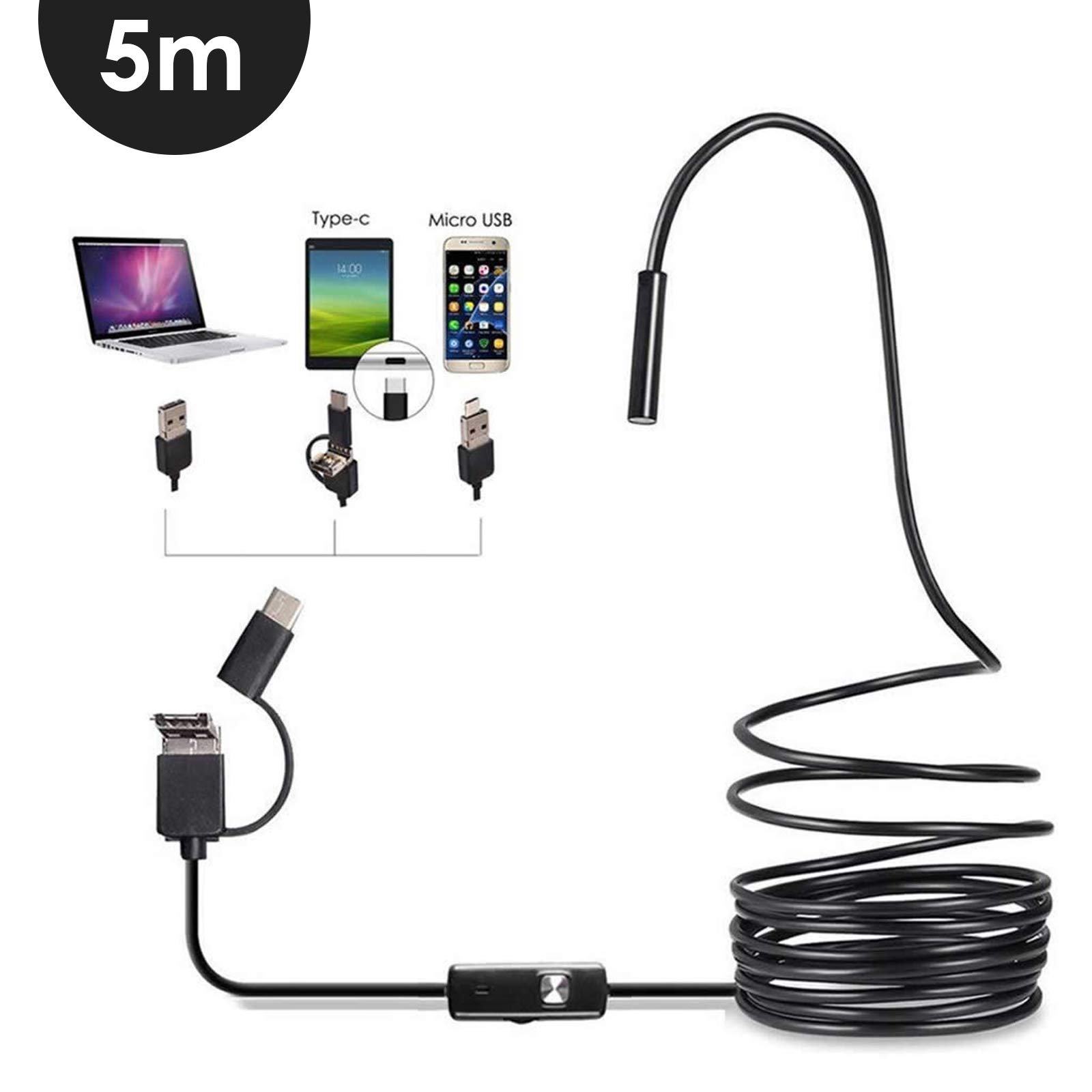 SunshineFace Industrial Endoscope Borescope Inspection Camera, HD USB Endoscope 7mm Lens 6 LED Lights Support MicroUSB Type-C USB Interface