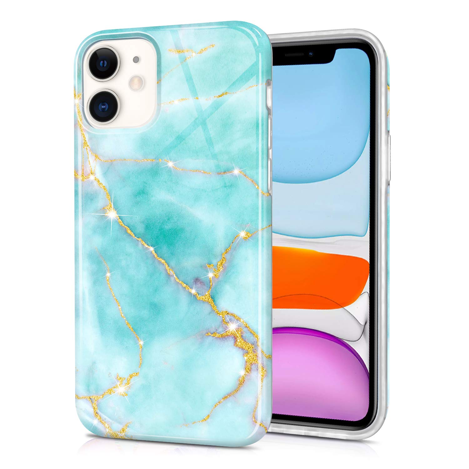 CAOUME Compatible with iPhone 11 Case (2019 Release) Holographic Geometric Marble Design Purple Blue Protective Stylish Cases for Apple Phone(6.1") Cover with Silicone Bumper Defender Camera