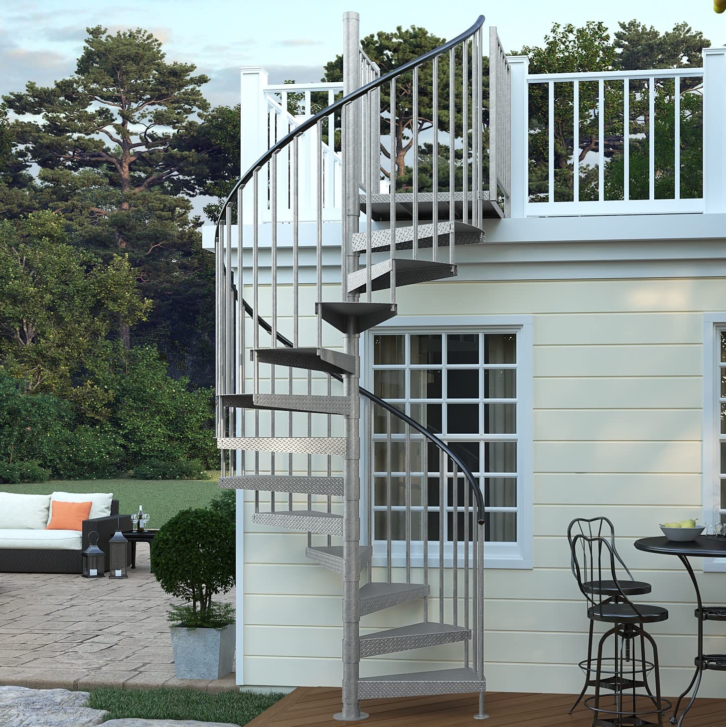 Mylen STAIRS Reroute Galvanized Exterior 60in Diameter, Fits Height 136in - 152in, 2 36in Tall Platform Rails Spiral Stair Kit