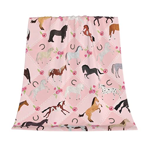 Horse Blanket for Girl Horse Gift for Girls Women Cute Horses Flowers Fleece Flannel Throw Blankets Soft Lightweight Plush Pink Blanket for Horse Lovers Decor Bed Sofa 50"x40"