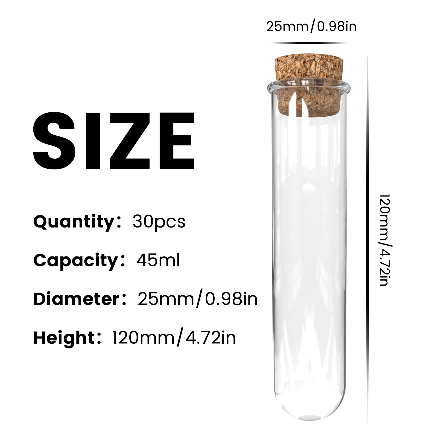 BTSD-home 30pcs 45ml Glass Test Tubes 25×120mm Round Bottom Test Tubes with Cork and Brush for Scientific Experiments Candy Storage and Party Decorations