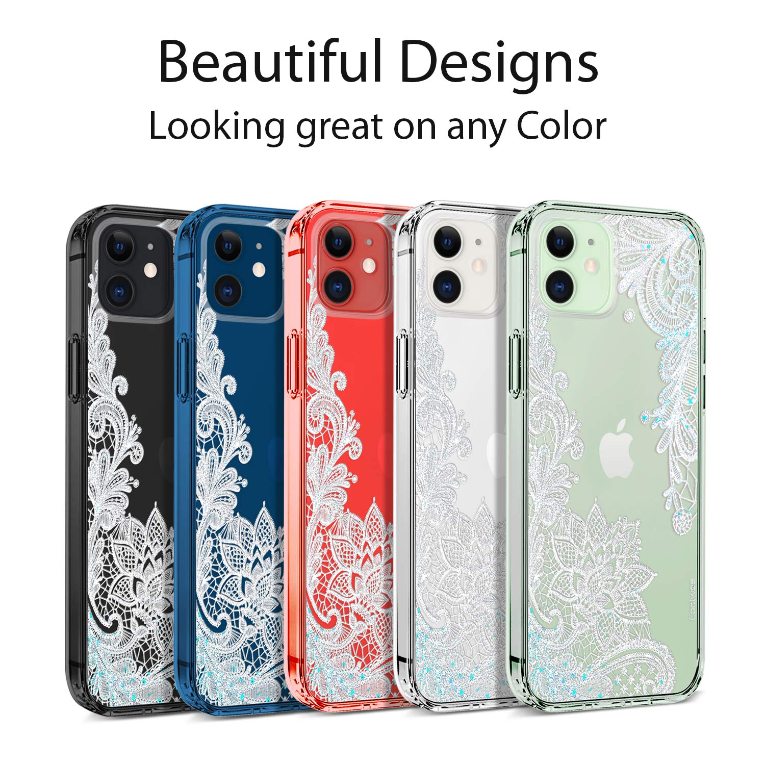 Coolwee Clear Glitter Compatible with iPhone 12 Case Thin Flower Slim Cute Crystal Lace Bling Women Girl Floral Hard Back Soft TPU Bumper Protective Cover for iPhone 12 Pro Mandala Henna Sparkle