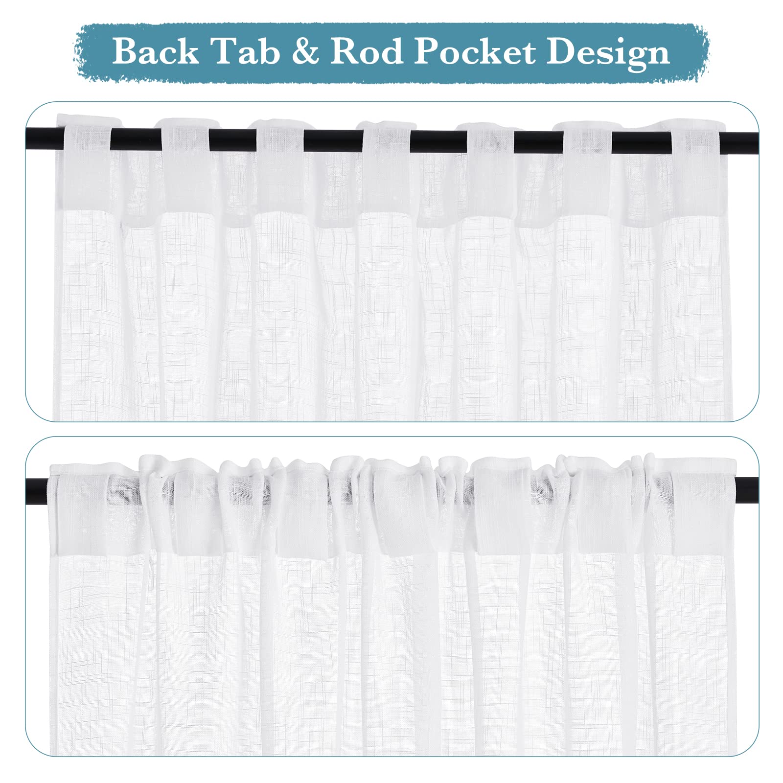 RYB HOME White Sheer Curtains Linen Texture Window Panels, Semi Sheer Light Filetring Rod Pocket & Back Tab Drapes for Bedroom, 52 x 84 inches, Pack of 2