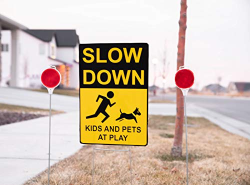 CORQUE Kids at Play Safety Signs for Street, Slow Down & Caution Warning - 2 Pack Double Sided with High Visibility Reflectors & Adjustable Metal Stakes Set - Children Playing Yard Road Visual Signal