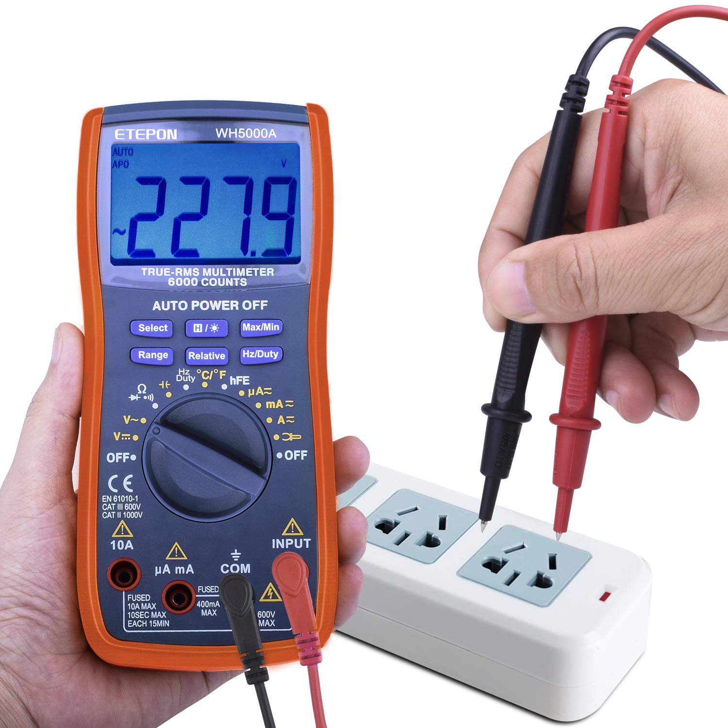 ETEPON Digital Multimeter True RMS 6000 Auto Raging Voltage Tester,Measures Voltage,Current, Resistance,Continuity,Frequency,Capacitance,Temperature,Test Diodes,Transistors WH5000A (Yellow)