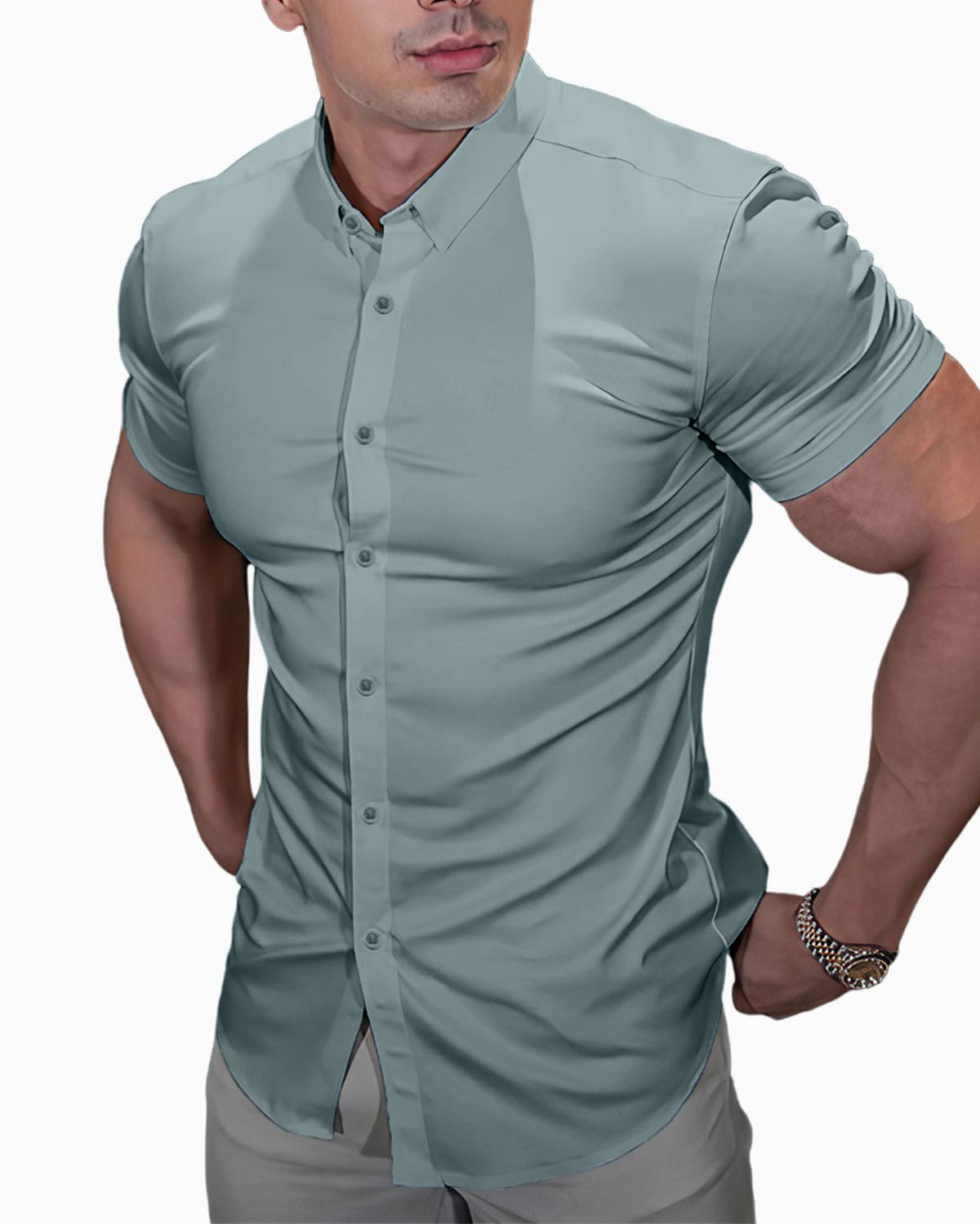 Casual Men's Muscle Fit Dress Shirts Short Sleeve Athletic Fit Button Down Shirts Light Green L